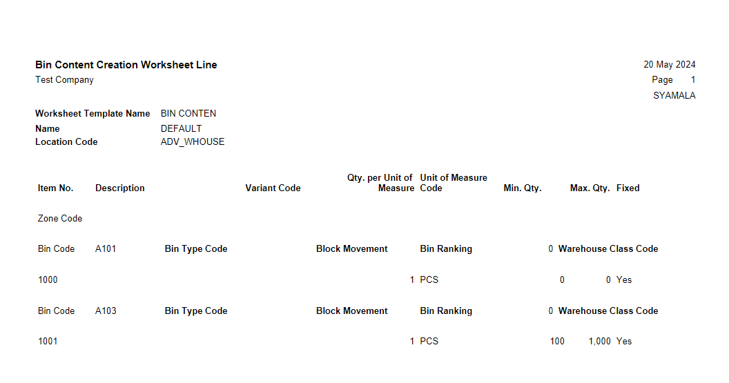 Set up Bin Content using Create Bin Content Worksheet
